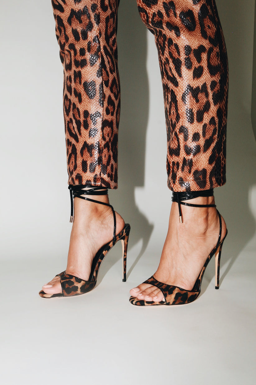 Monica 100 mm Leopard Vegan Wrap Sandal Heels – Cult of Coquette